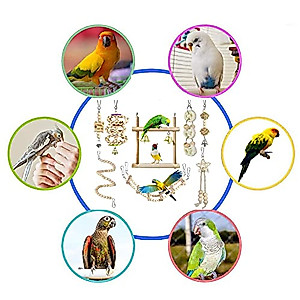 8 Pcs Bird Toy Parrot Swing Chewing Toys- Hanging Wooden Swing Chewing Toy Bells, Ladder Swing for Small Parrots, Macaws, Parakeets, Conures, Cockatiels, Love Birds (011)