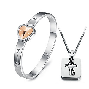 Starryinter His and Hers Korean Style Stainless Steel Hold the Key to My Heart Forever Bangle Bracelet and Pendant Necklace-BR398