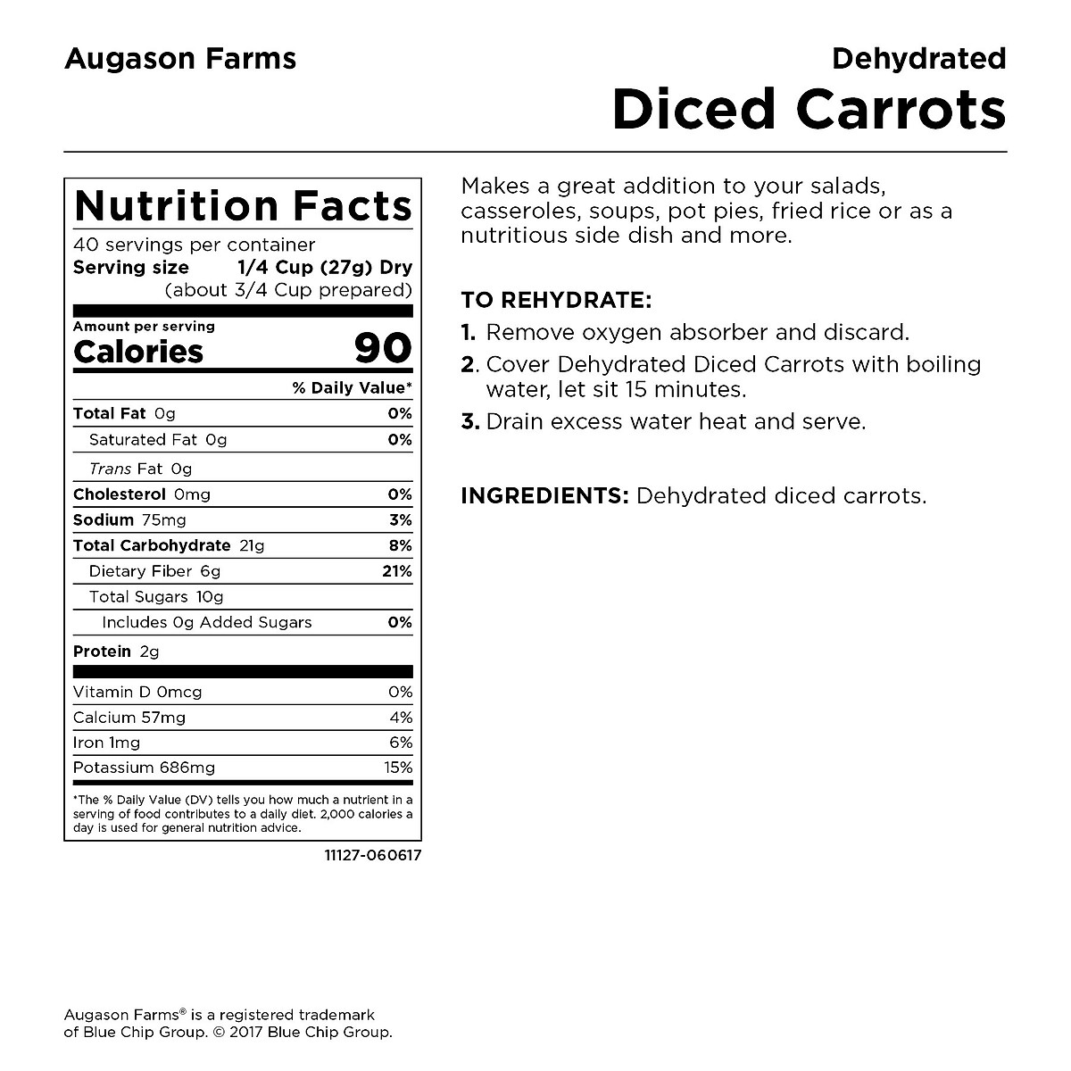 Augason Farms Dehydrated Diced Carrots,net weight 2 lbs 6 ounce.