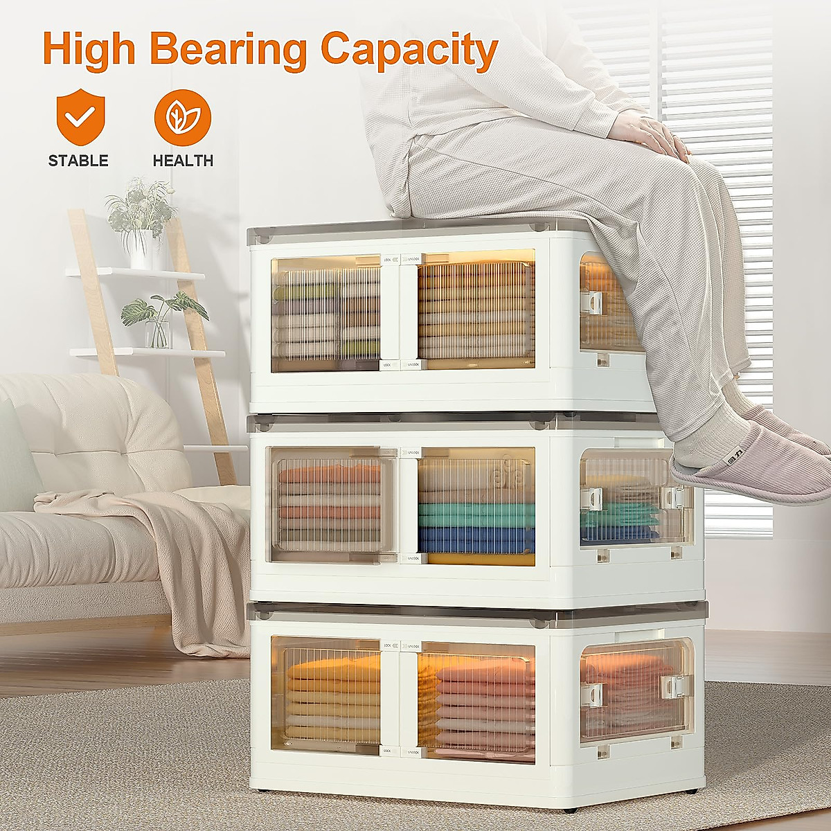 JUSTWOOF Stackable Storage Bins with Lid 3 Pack Collapsible Storage Containers with Wheels 24 Gal Closet Organizers and Storage Clear Folding Storage Boxes for Bedroom,Study Room,Living Room White