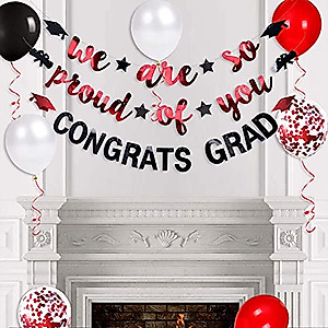 Red Black 2023 Graduation Party Decorations We are So Proud of You Congrats Grad Graduation Banner Graduation Cap Diploma Star Garland Backdrop for Congratulations 2023 Grad Party Supplies