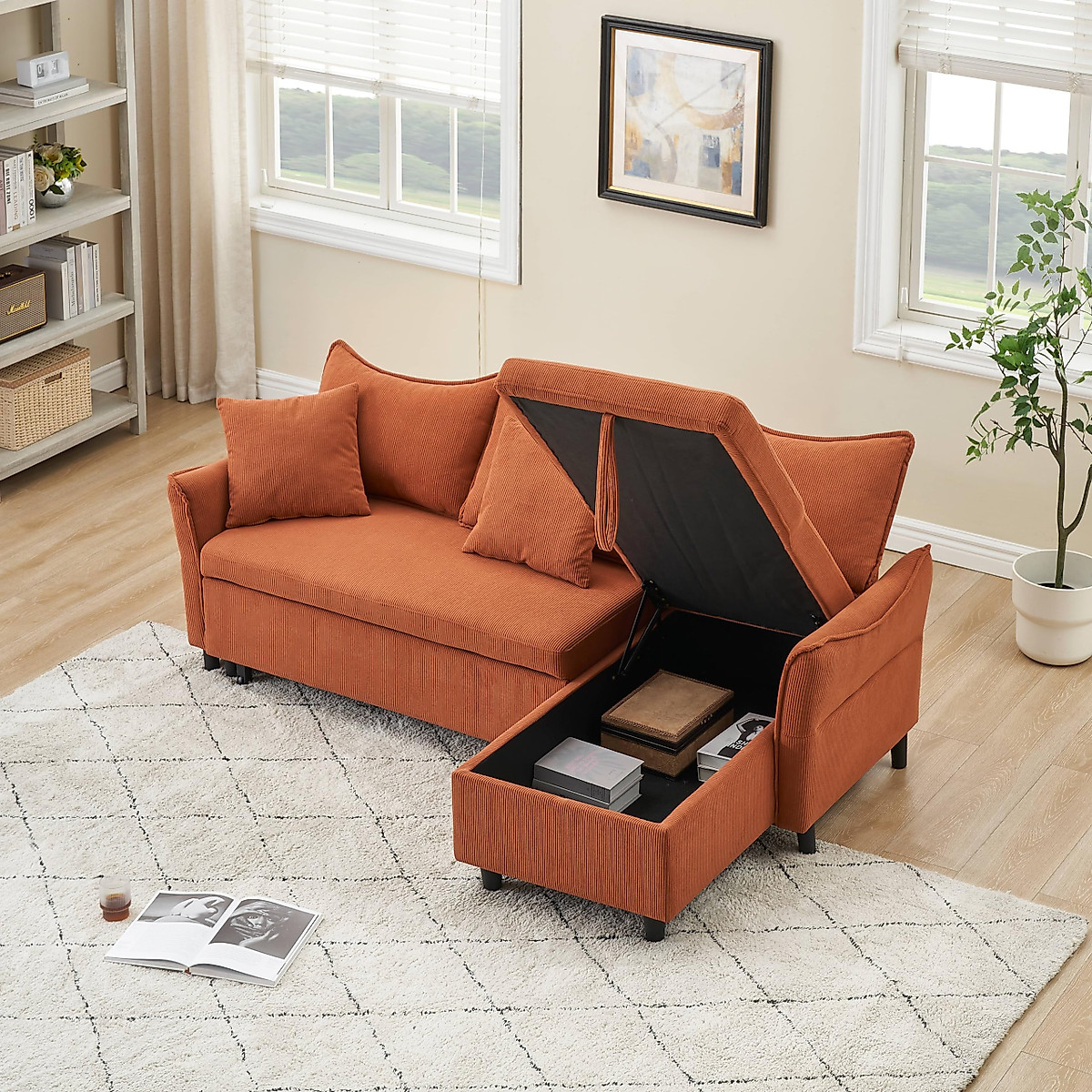 FHUKMZOI 80" Corduroy L-Shaped Convertible Sectional Couches Sofa with Reversible Storage Chaise, Pull-Out Sleeper Sofa Bed with Throw Pillows for Living Room, Office, Apartment (Orange)