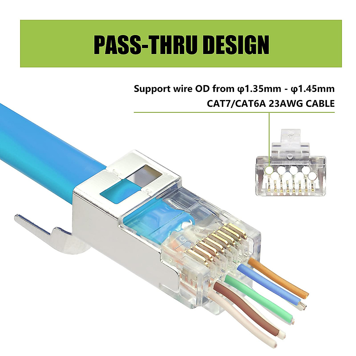 LEENUE CAT7 RJ45 Connector (10 Set) 50μ Gold Plated CAT6A RJ45 Pass Through Ethernet Plug with Blue Boot for CAT7 Solid or Stranded Thick Network Cable 23 AWG