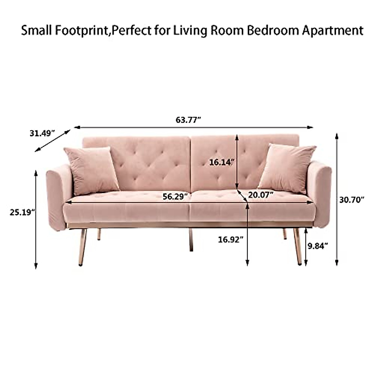 Convertible Sofa Bed Loveseat, Adjustable Couch Bed Folding Loveseat Bed Daybed Guest Bed, Modern Futon Sofa Bed Velvet Sofa,Small Love Seat Sofa for Living Room, (Pink)