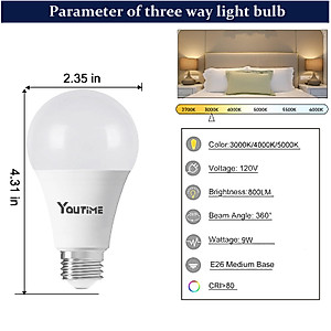 Youtime LED Light Bulb A19 3 Color Temperature 3000K-5000K-4000K,3CCT Color Changing Light Bulbs,Energy Saving 9W(60W Equivalent) LED Bulb,810LM,E26 Base for Bedroom,Living Room,2 Pack