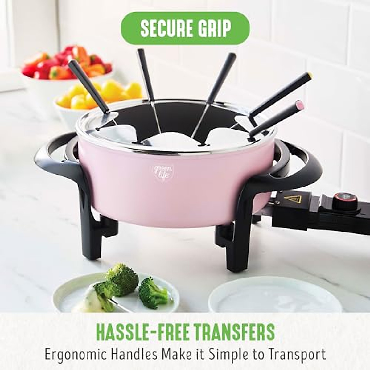 GreenLife 14 Cup Electric Fondue Maker Pot Set For Cheese, Chocolate, and Meat, 8 Color Coded Forks, Healthy Ceramic Nonstick, Adjustable Temperature Control, PFAS-Free, Pink