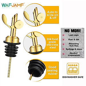WAFJAMF 2 Pcs Weighted Stainless Steel Bottle Pourers, Self Closing Olive Oil Dispenser Spout, Auto Flip Feature Liquor Pour Spouts for Pours Liquid, Olive Oil, Wine, Vinegar (Gold)……