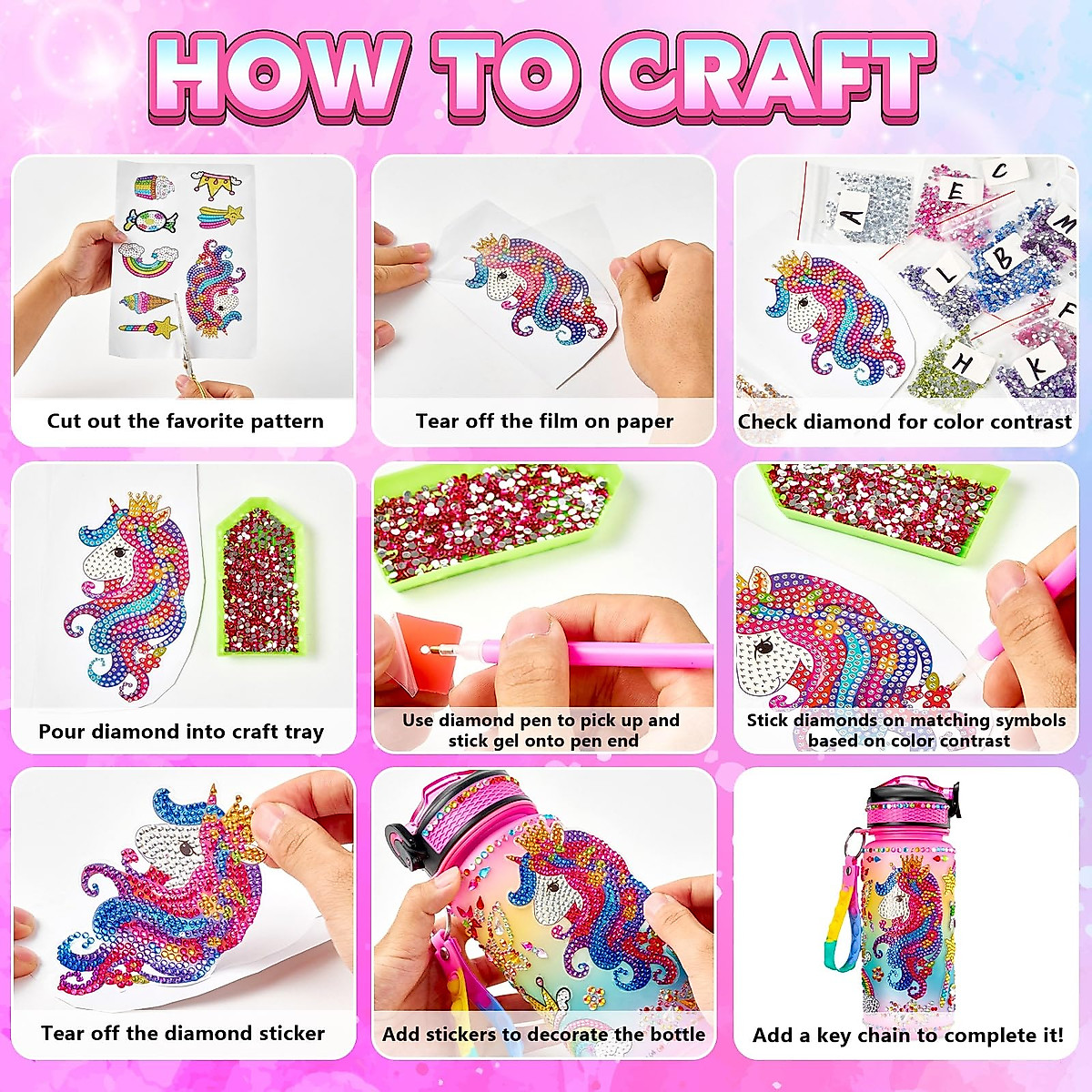 Meijoy Decorate Your Own Water Bottle Kits for Girls - Kids Water Bottle Birthday Gifts for 4 5 6 7 8-12 Year Old Girl DIY Unicorn Birthday Decorations Arts and Crafts for Kids Ages 6-8 Girls