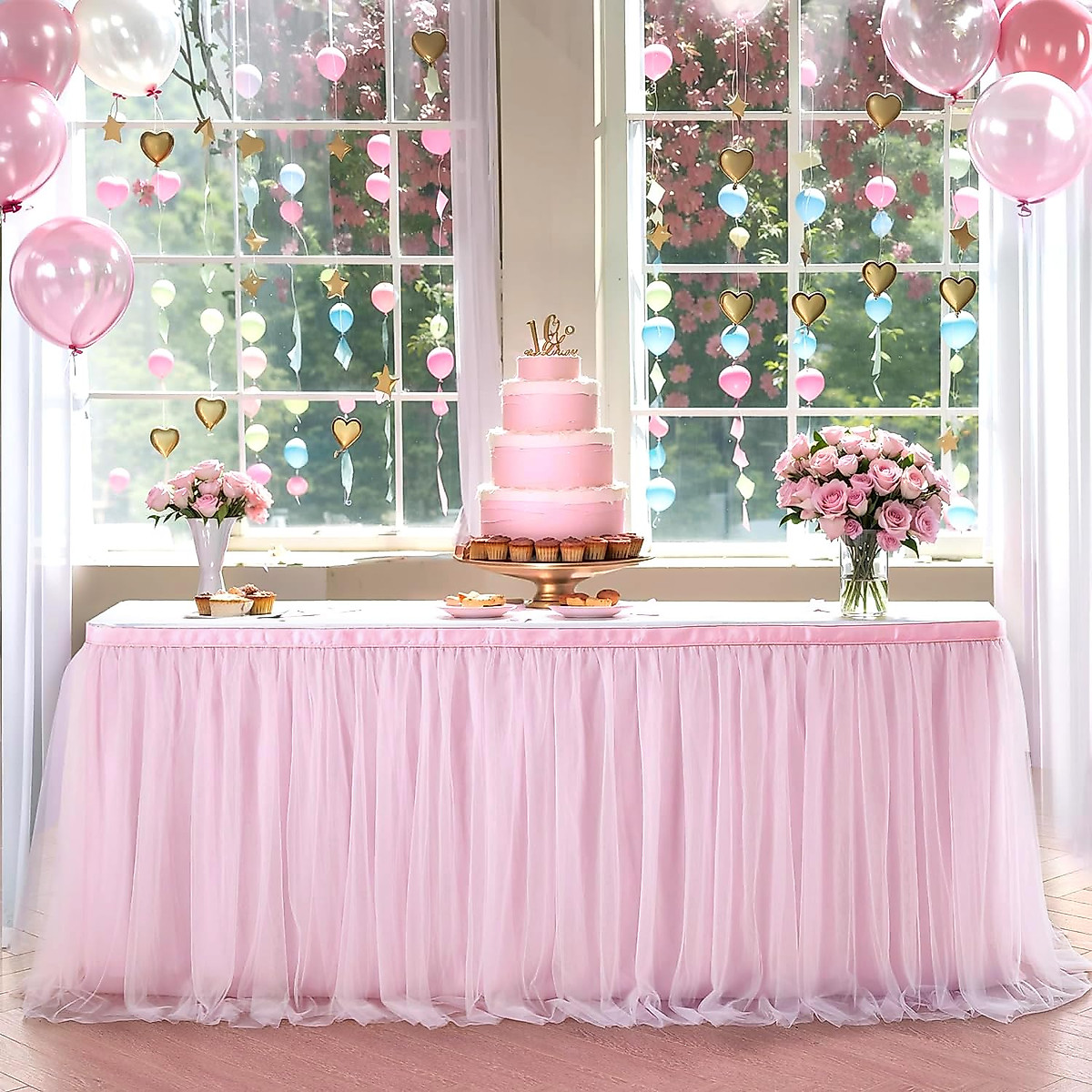 108in Baby Pink Tulle Table Skirts for Rectangle Tables 6ft 8ft 4ft, 2-Layer 9 ft Long Gold Grim Princess Pink Ruffle Tulle Tutu Table Skirt Cloth for Girl Birthday Baby Cake Dessert(No Table Cover)