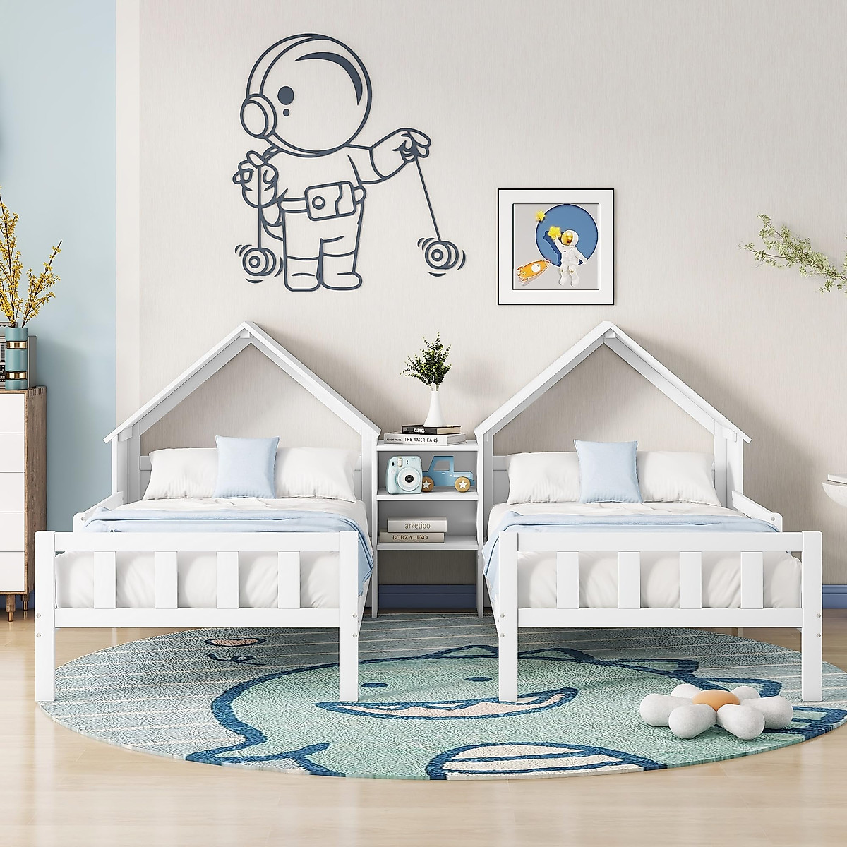 Harper & Bright Designs Double Twin Bed Frames for Kids,Wood Double Twin House Bed with House-Shaped Headboard and a Built-in Nightstand, Side by Side Montessori Twin Bed for Kids Girls Boys,White