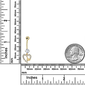 AVORA 10K Yellow Gold Simulated Diamond CZ Dangling Double Heart Belly Button Ring Body Jewelry (14 Gauge)