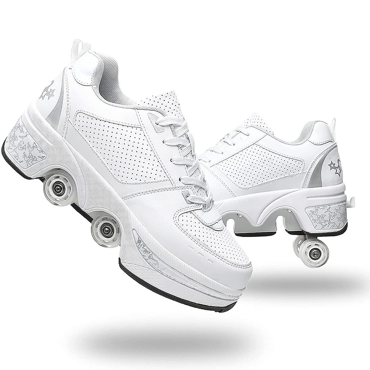 Double-Row Deform Wheel Automatic Walking Shoes Invisible Deformation Roller Skate 2 in 1 Removable Pulley Skates Skating Parkour (White Silver, US8.5)