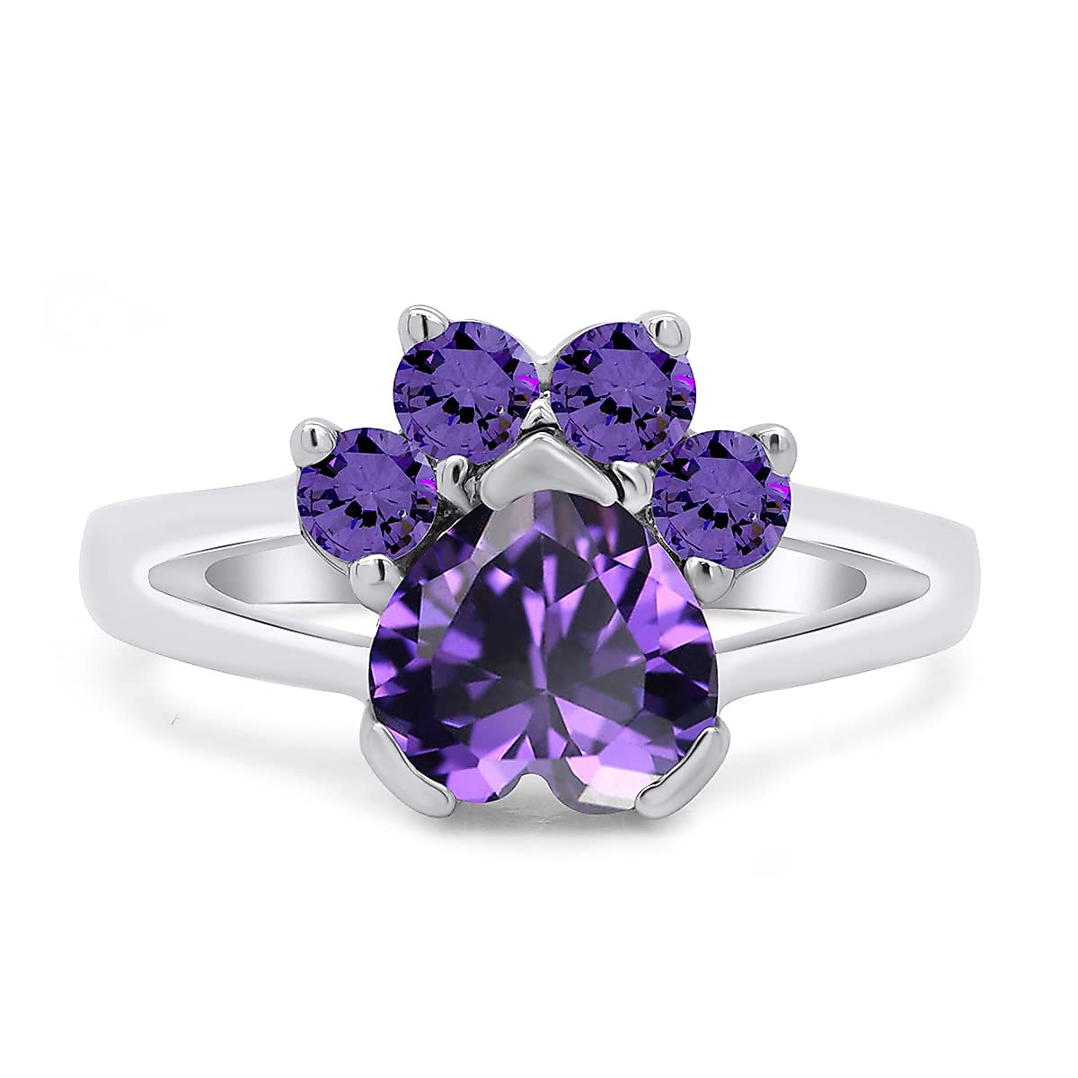Wishrocks Heart & Round Cut Simulated Amethyst Paw Print Ring Jewelry For Women In 14k White Gold Over Sterling Silver Ring Size- 14