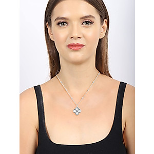 Vanbelle Sterling Silver Jewelry Four-Leaf Clover Pendant Necklace with Cultured Mother-of-Pearl in Beaded Chain and Rhodium Plated for Women