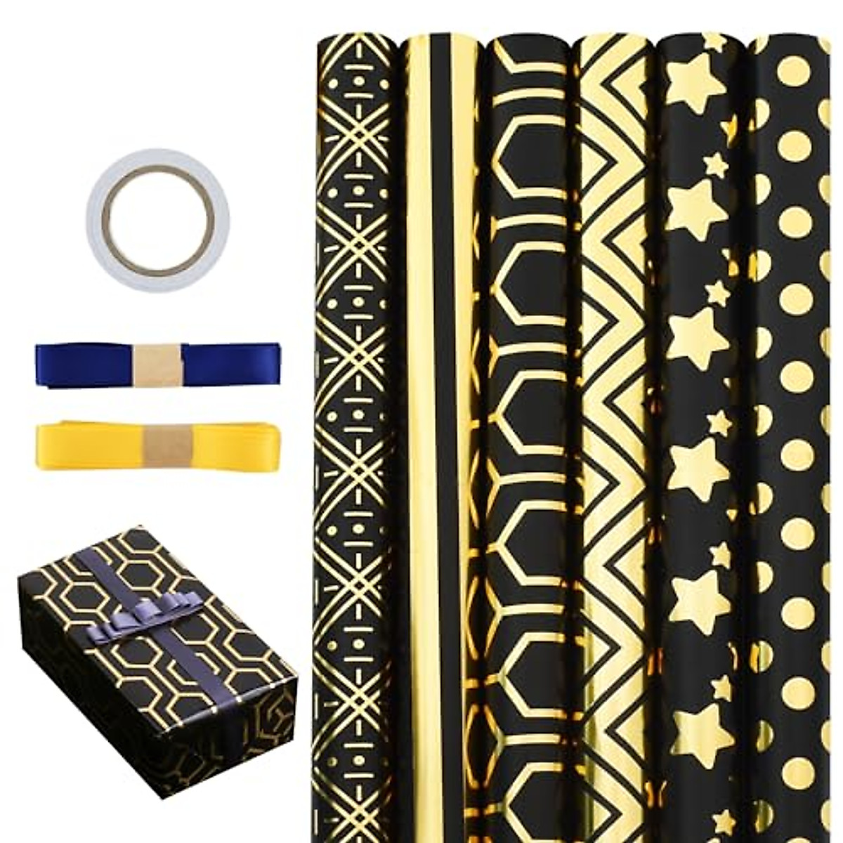 BEISHIDA 6 Styles Christmas Gift Wrapping Paper Set with Ribbon&Double-Sided Tape,Birthday Gift Wrapping Paper with Black Gold-Metallic Foil Design,DIY Craft,12 Sheets Folded 20x28in