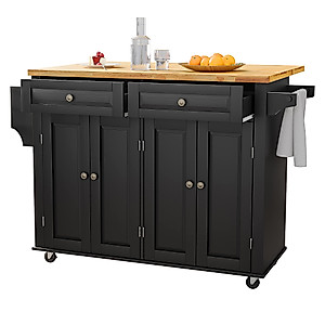 Squireewo Kitchen Cart with Wood Top and Drop Leaf Breakfast Bar, Rolling Mobile Kitchen Island Table on Wheels with Drawer and Storage Cabinet, Spice Rack, Towel Rack, Black