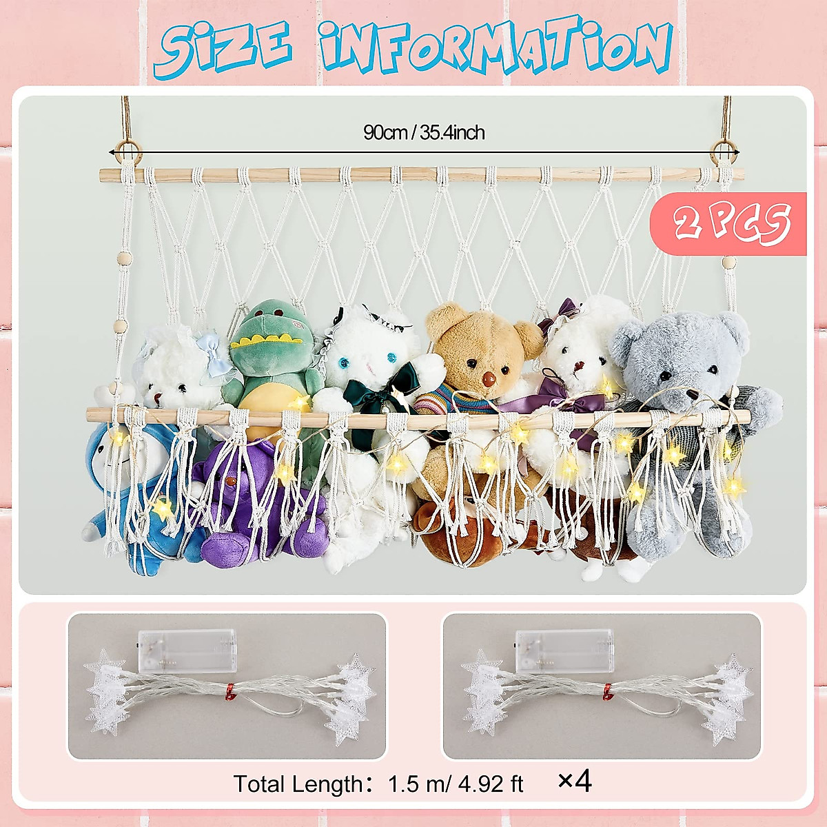 2 Pcs Stuffed Animal Hammock with LED Light, No Battery, Macrame Stuffed Animal Toy Hammock for Neatly Store Hanging Plush Animals Toys Animals Net Storage Organizer for Nursery Play Room Bedroom