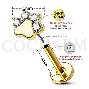 COCHARM 14K Solid Gold Helix Earring Stud 16g Dog Paw Flat Back Helix Piercings Yellow Gold Push in Tragus Earrings Threadless Tragus Stud 14K Gold Tragus Piercing Jewelry