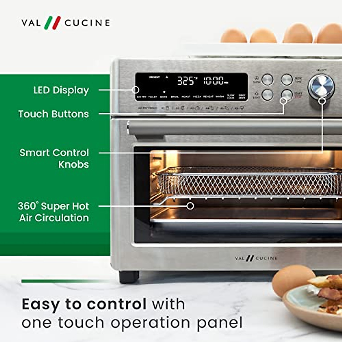 VAL CUCINE 10-in-1 Smart Air Fryer - Extra-Large Convection Countertop Toaster Oven - Brushed Stainless Steel Finish - 26.3 QT/25 L