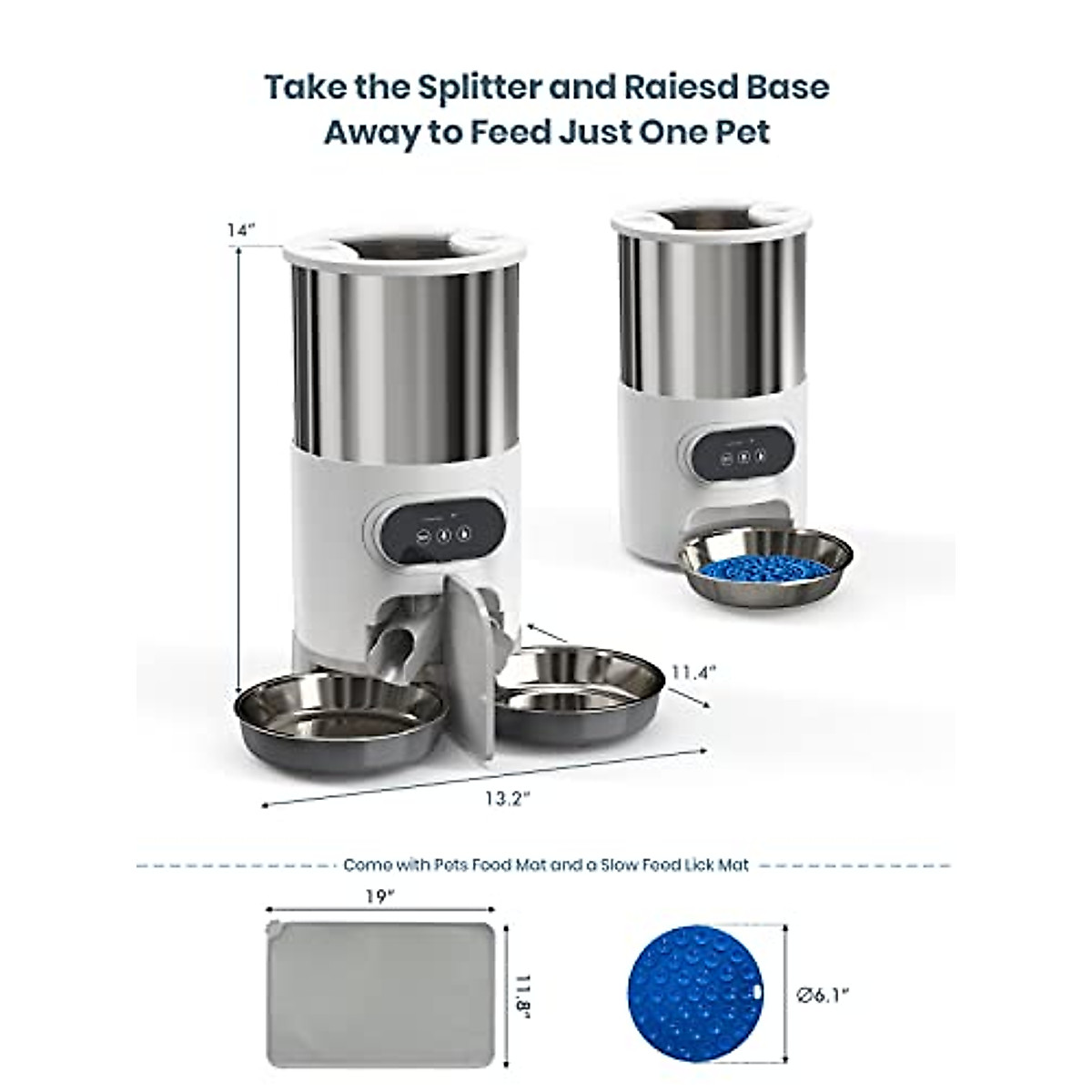 Automatic Cat Feeder, WHDPETS WiFi Cat Food Dispenser for 2 Cats & Dogs, 304 Stainless Steel Pet Feeder with Feeding Mat, 2-Way Splitter, APP Control, 10s Voice Recorder, Dual Power Supply