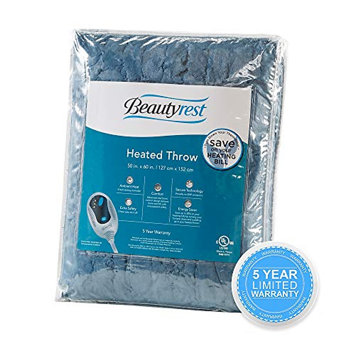 Beautyrest Brushed Long Fur Electric Throw Blanket Ogee Pattern Warm and Soft Heated Wrap with Auto Shutoff, 50 in x 60 in, Sapphire Blue