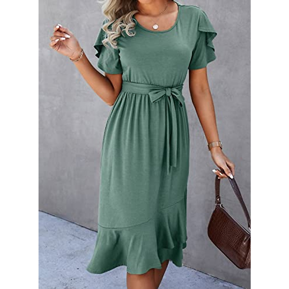 Dokotoo Womens 2023 Summer Spring Dresses Casual Wrap Round Neck Short Puff Sleeve Belt A-Line Ruffle Hem Formal Midi Dress Green Large