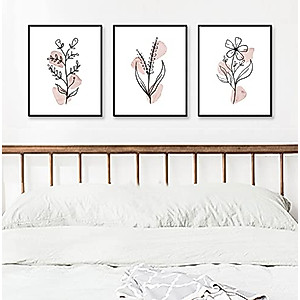 Boho Botanical Prints, Set of 3, Gallery Wall Art, Blush Pink Wild Flowers, Abstract Black Line, Floral Home Decor, Flower Print Set, Floral Line Art, 11x14inch Unframed