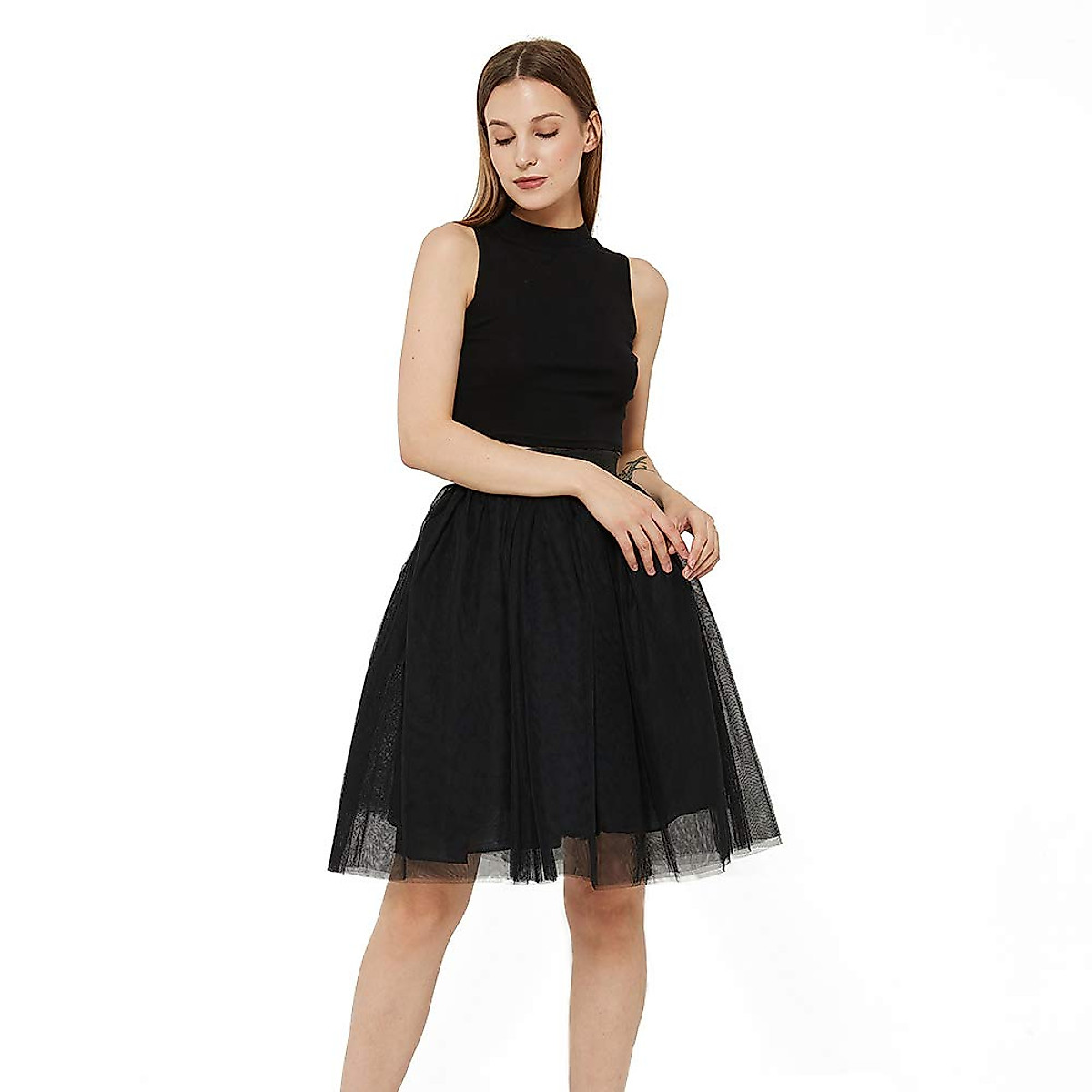 WEISIPU Women's 6 Layer Short A Line Elastic Waistband Tutu Tulle Prom Princess Midi Dance Skirt Black M