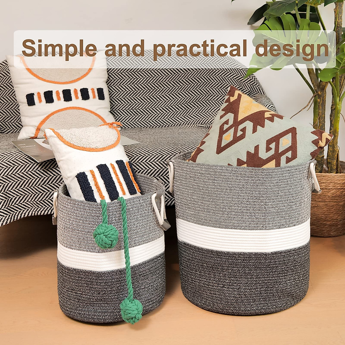 Large Cotton Rope Basket, Storage Basket, Woven Laundry Hamper, Toy Storage Bin, Nursery Storage Basket, Baby Bin Organizer, White & Black, 17x19 Inches