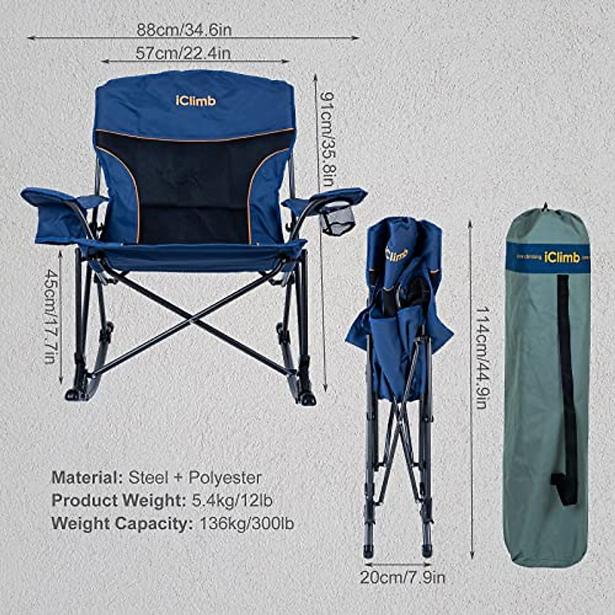 iClimb 2 Padded Rocking Folding Chair and 1 Folding Square Table Bundle for Two Person Camping Patio Porch Backyard Lawn Garden Balcony Indoor Outdoor