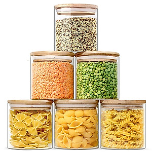 Urban Green Glass Jars with Bamboo Lids, Glass Airtight Canisters sets, Glass Food Storage Container, Pantry Organization and Storage Jars, Kitchen Canisters Sets, Spice Jars, Flour Containers of 6