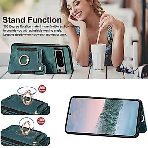 JanCalm for Google Pixel 8 Pro Case Card Holder Wallet, Ring Stand, RFID Blocking, Wrist Strap, Camera Protector, Leather Magnetic Clasp Protective Cover for Google Pixel 8 Pro (Green)