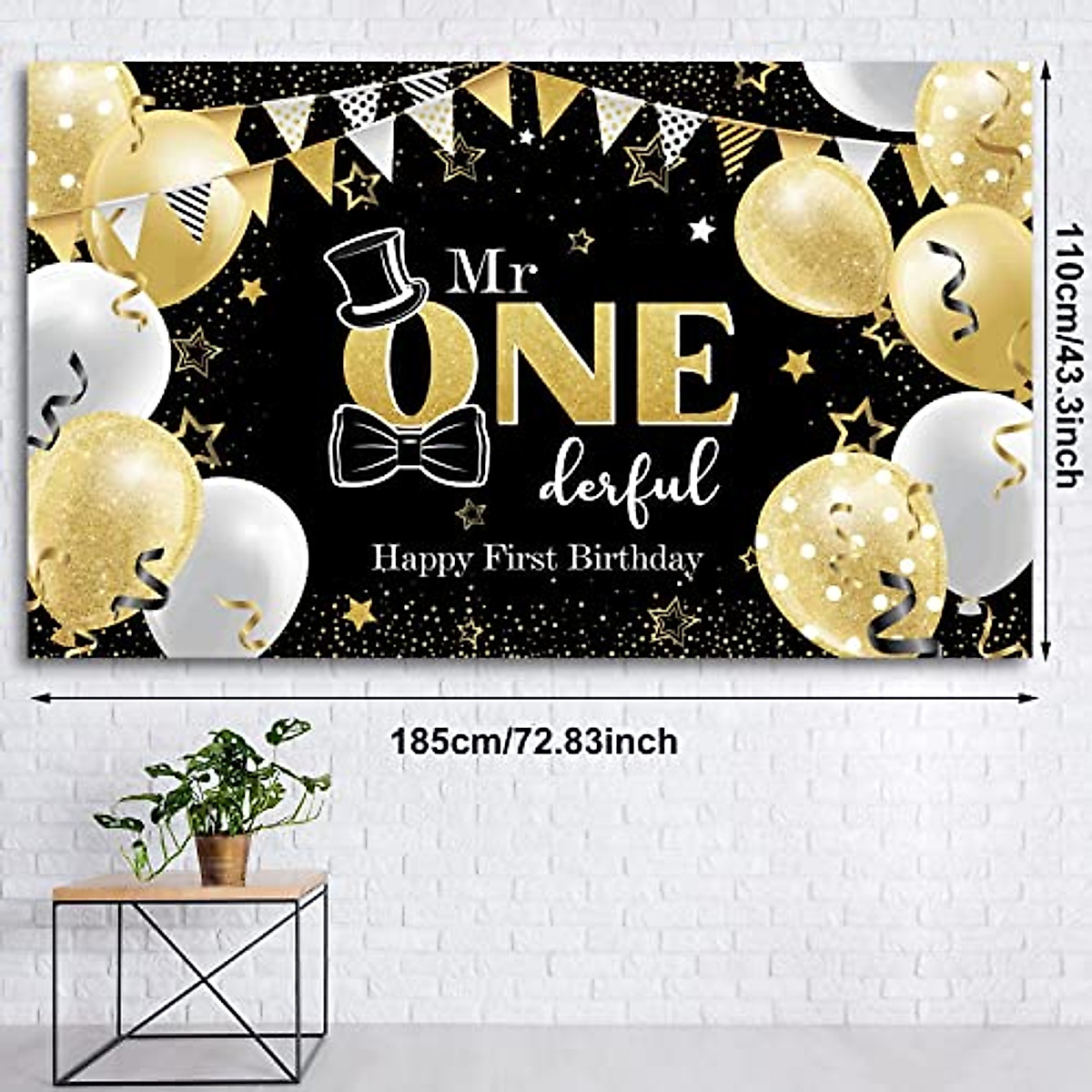 Boys 1st Birthday Decoration Mr. Onederful Birthday Party Supplies 1st Happy Birthday Backdrop Photography Background with Balloons for Baby Toddler Little Man First Birthday Decor (Black and Gold)
