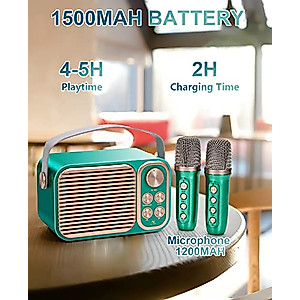 JIEFOCH Karaoke Machine for Kids & Adults, Portable Mini System with 2 Wireless Microphones & Bluetooth Connectivity,Sing Your Heart Out (Retro Green)