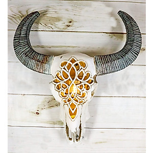 Ebros 16.5" Tall Southwest Aged Bone Tooled Filigree Lace Design Steer Bison Buffalo Bull Cow Horned Skull Head Night Light Lamp LED Wall Decor Plaque Skulls Western Accent Lighting