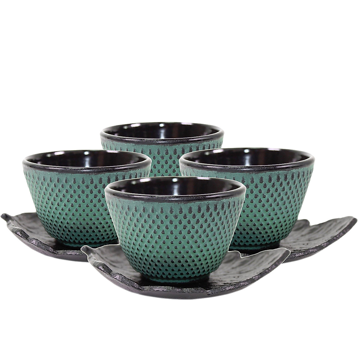 4 Green Leaf Teacup Saucer+4 Dark Blue Polka Dot Hobnail Japanese Cast Iron Tea Cup Teacup