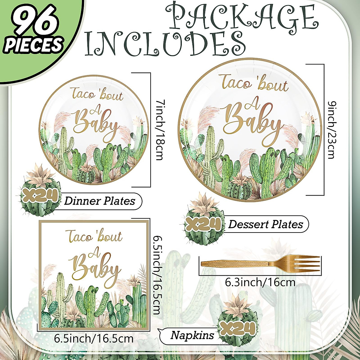 Sunnyray 96 Pieces Taco Baby Shower Plates and Napkins Taco Bout A Baby Baby Shower Party Supplies Dessert Plates Napkins Forks for 24 Guests