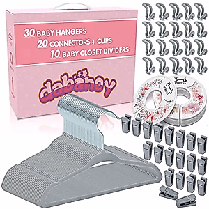 Dabancy Baby Closet Organizer for Nursery - 30 Pack Grey Velvet Baby Hangers with 20 Clips and 20 Connectors and 10 Flower Designs Baby Closet Dividers with Colored Box-Infant Hangers for Closet…