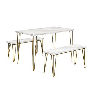 LIADTOP, 3-Piece Kitchen Sets,Rustic Farmhouse Faux Marble Dining 2, Thick Table/Bench Top with Iron Frame for 4,White+Gold