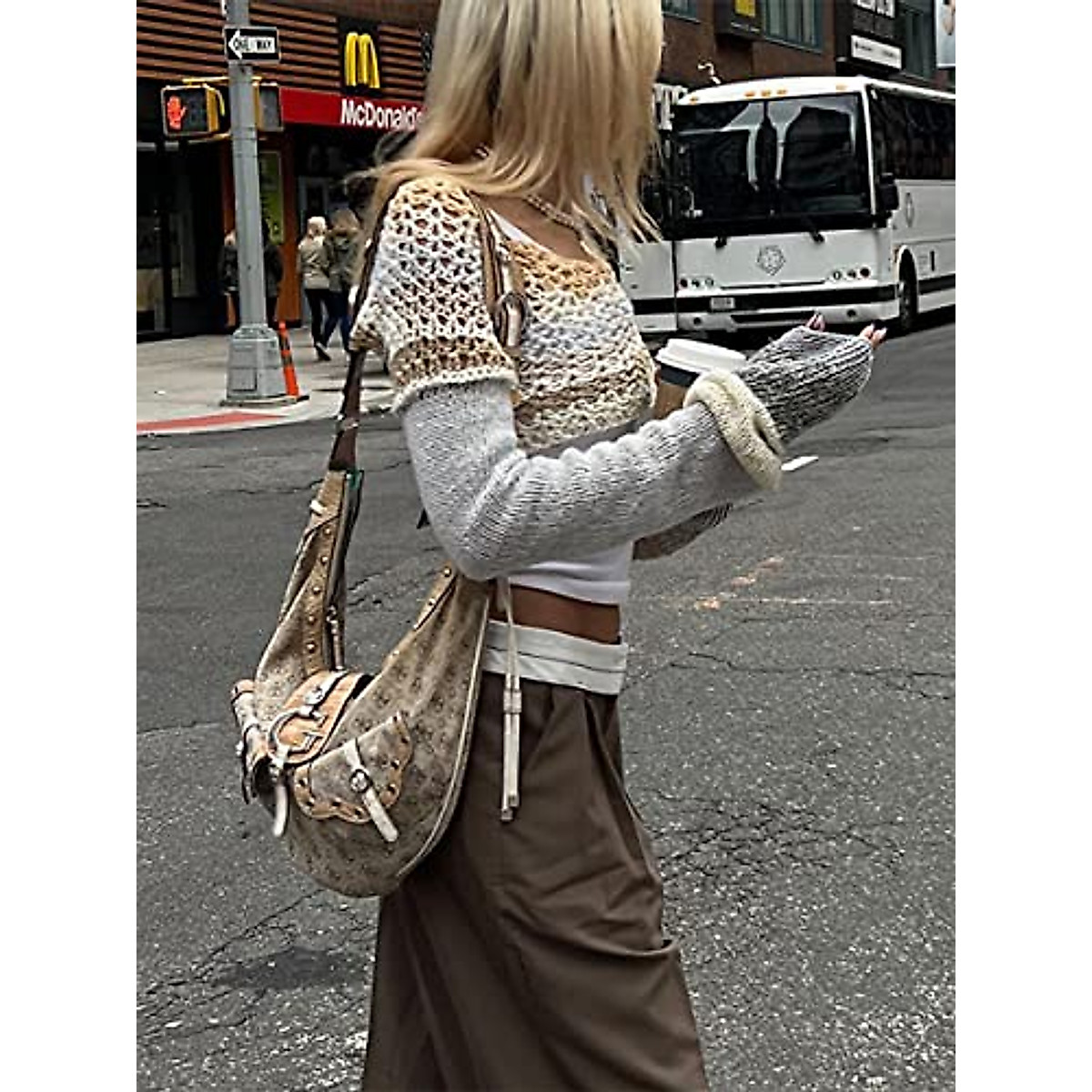 Womens Y2K Knitted Crop Tops Shrugs Patchwork Crochet Hollow Out Long Sleeve Off-Shoulder Loose Shirt Sweater(G Multi-Color, Large)