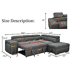 THSUPER 104'' Microfiber Sectional Sleeper Sofa with Pull-Out Bed, Sofa with Chaise & Storage Ottoman. 5 Seater L-Shaped Couch with Adjustable Headrest and Stools. Charcoal Grey