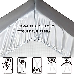 Satin Bed Sheets Queen Sheet Set, Silver Grey Silk Sheets, 4 - Pieces Soft Bedding Set with 1 Deep Pocket Fitted Sheet,1 Flat Sheet,2 Pillowcase