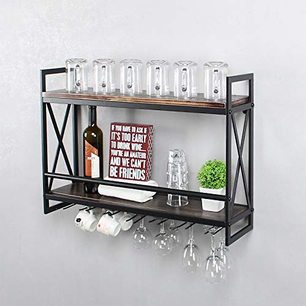 MBQQ Rustic Wall Mounted Wine Racks with 7 Stem Glass Holder,30in Industrial Metal Hanging Wine Rack,2-Tiers Wood Shelf Floating Shelves,Home Room Living Room Kitchen Decor Display Rack,Retro Black