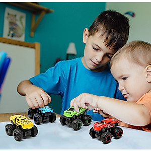 Number 1 In Service Monster Trucks for Boys Inertia Powered 4 Wheels Diecast Mini Vehicle Set Push and Go Small Toy Cars 4 Pack for Toddlers and Kids for Age 3 4 5 6 7 Years