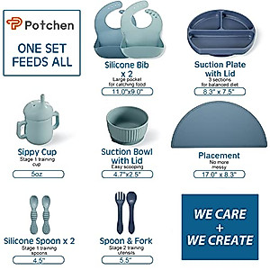 Potchen Baby Led Weaning Supplies Baby Feeding Set Toddlers Silicone Divided Suction Plate Suction Bowl, Adjustable Bib, First Stage Spoon Fork, Placemat, Straw Cup Infant Self Eating Utensil (Blue)