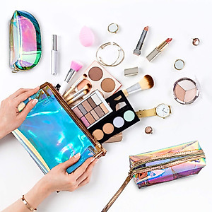 Weewooday 3 Pieces Iridescent Makeup Bag Holographic Bag Cosmetic Toiletries Bag Portable Waterproof Travel Pouch Iridescent Holographic Makeup Organizer for Women