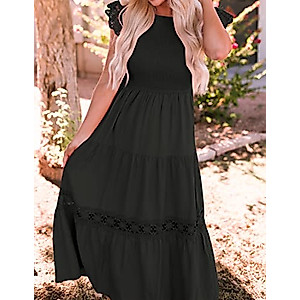 ZESICA Women's 2023 Casual Crew Neck Flutter Sleeve Smocked High Waist Hollow Out Lace Trim Tiered A Line Midi Dress,Black,Small