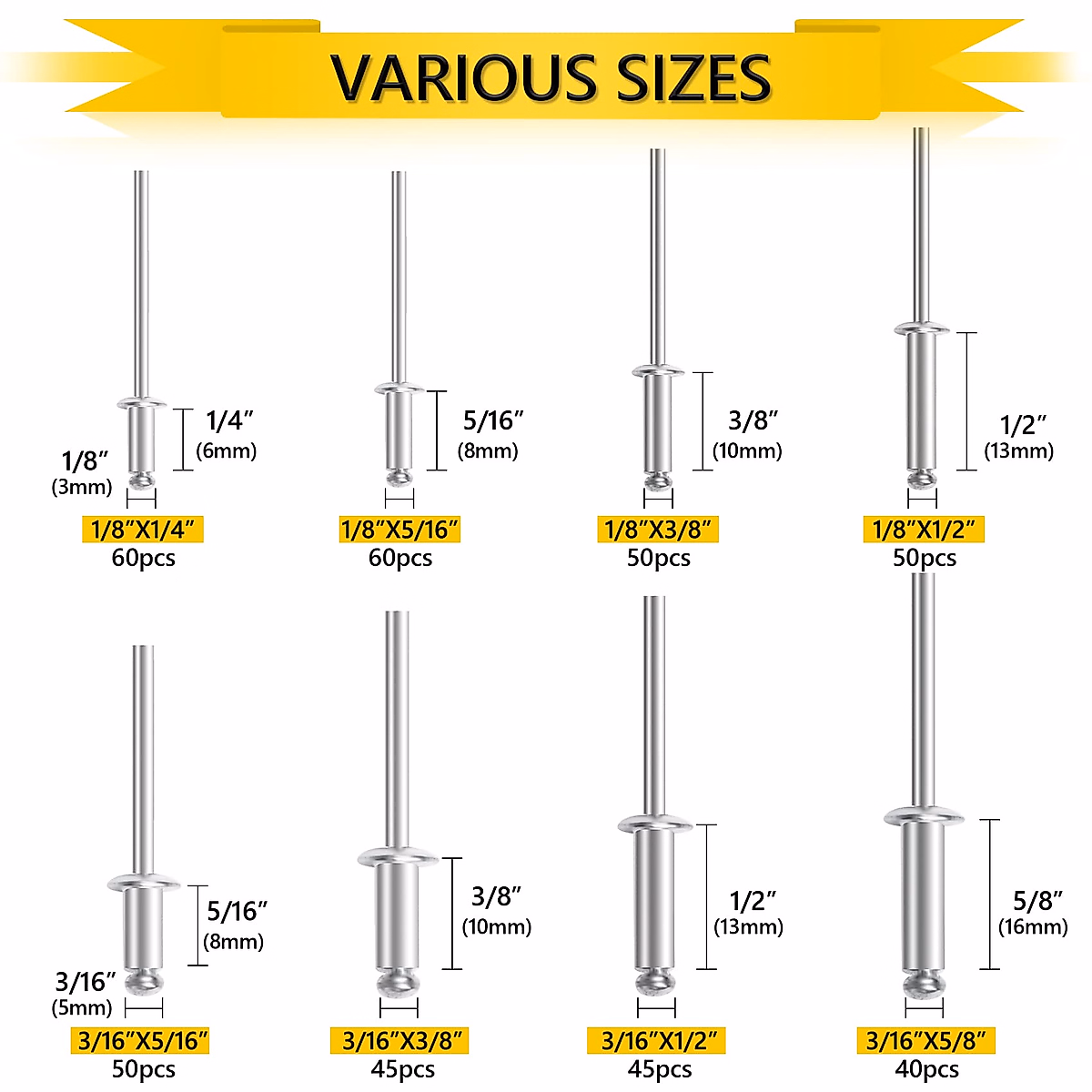 400PCS Silver Pop Rivets Assortment Kit, 8 SAE Sizes Aluminum Rivets (1/8" 3/16") with Reinforced Divider & Labeled Case for Storage