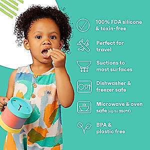 morepeas All-in-One Snack Cup & Bowl | Steam, Strain & Snack | Reversible Lid & Suction Base | No Mess Catcher Lid | Easy Grip Handle | Dishwasher, Microwave, Freezer Safe Silicone | Melon