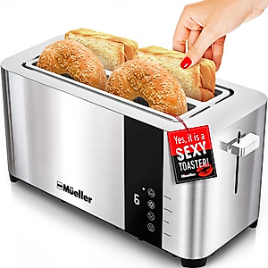 Mueller UltraToast Full Stainless Steel Toaster 4 Slice, Long Extra-Wide Slots with Removable Tray, Cancel/Defrost/Reheat Functions, 6 Browning Levels with LED Display